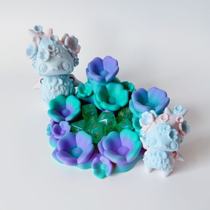 3D Printable Cherry Blossom pixie and Dice Stand by Layersingreen