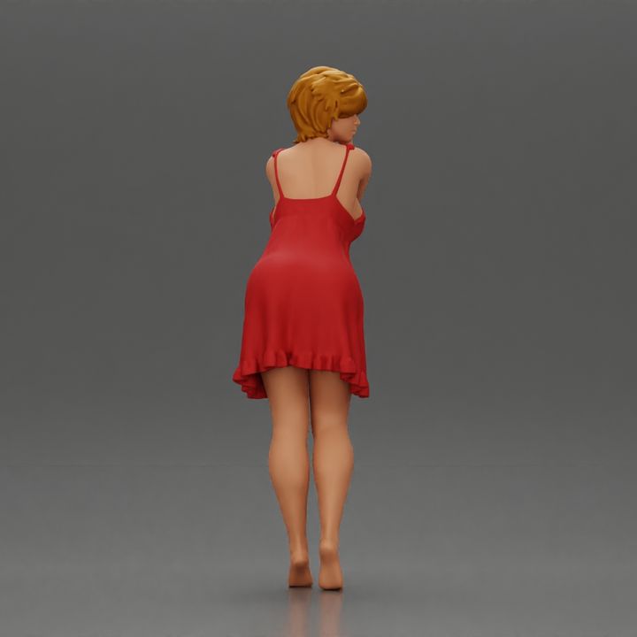3D Printable Barefoot woman in red nighty dress strikes a graceful ...