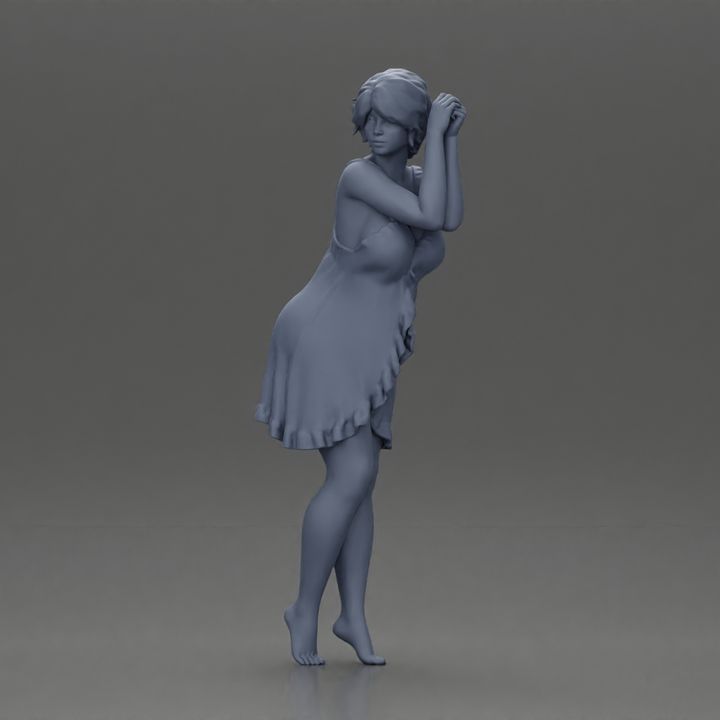 3D Printable Barefoot woman in red nighty dress strikes a graceful ...