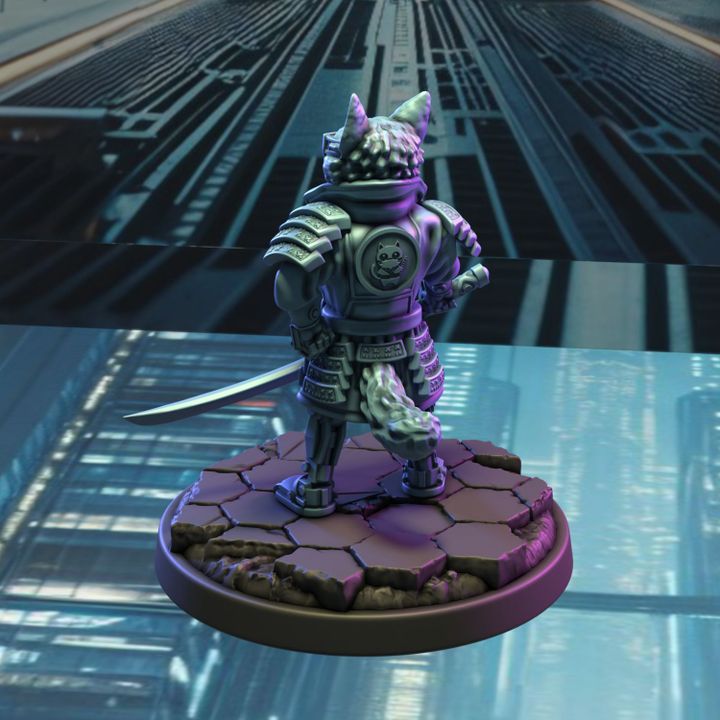3D Printable 28mm Cyberpunk Samurai Cat – Stylized Sci-Fi Feline ...