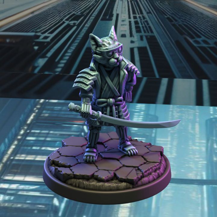 3D Printable 28mm Cyberpunk Samurai Cat – Stylized Sci-Fi Feline ...