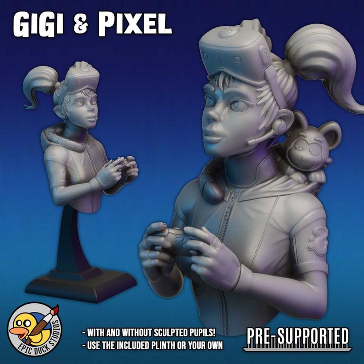 3D Printable GiGi & Pixel - Cyberpunk Gamer Girl Character Bust by Mike ...
