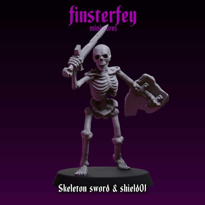 3D Printable Skeleton with sword & shield 01 by finsterfey