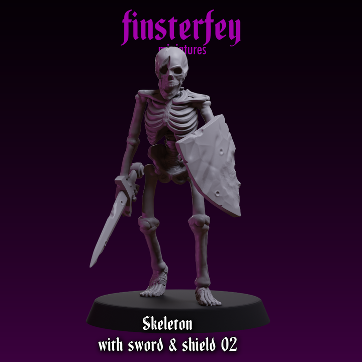 3D Printable Skeleton with sword & shield 02 by finsterfey