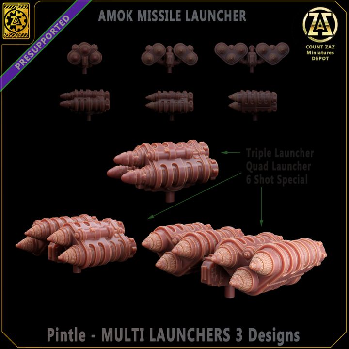 3D Printable Amok Pintle Multi Launchers - 3 Designs - Triple / Quad ...