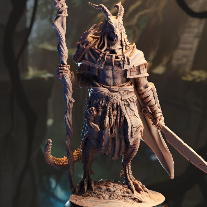 3D Printable Black Dragonborn Druid Horzin Ashen-Palm by DM Stash