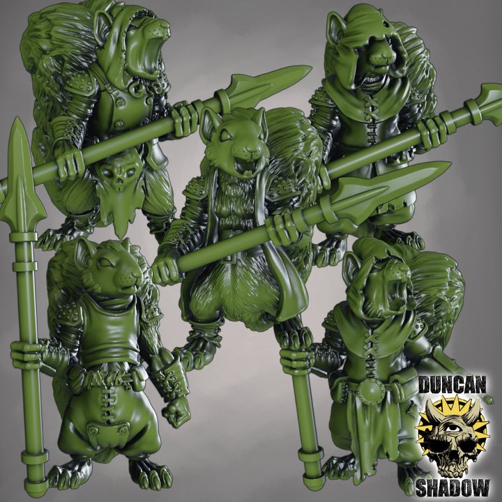 3D Printable Squirrel folk with Spears (Pre Supported) by Duncan Shadow