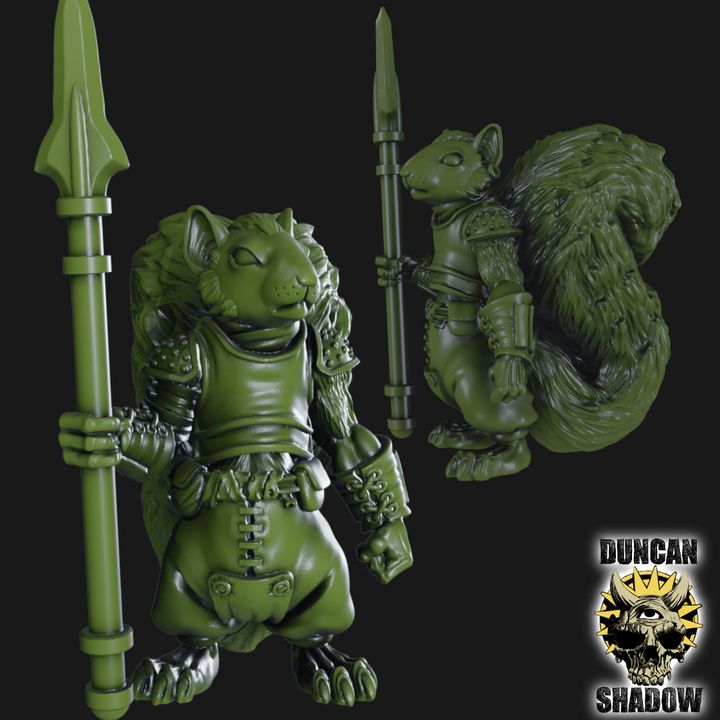 3D Printable Squirrel folk with Spears (Pre Supported) by Duncan Shadow