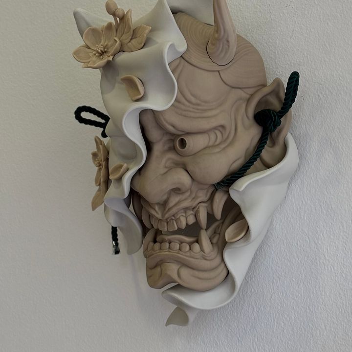 3D Printable hannya mask with complements - sakura, cloth and cutted ...
