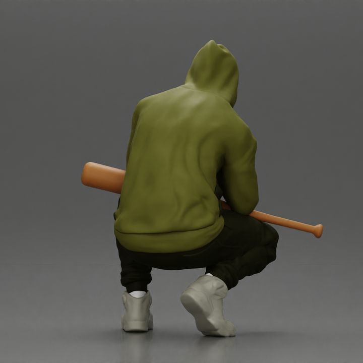 3D Printable Gangster crouching low in green hoodie holding bat ...