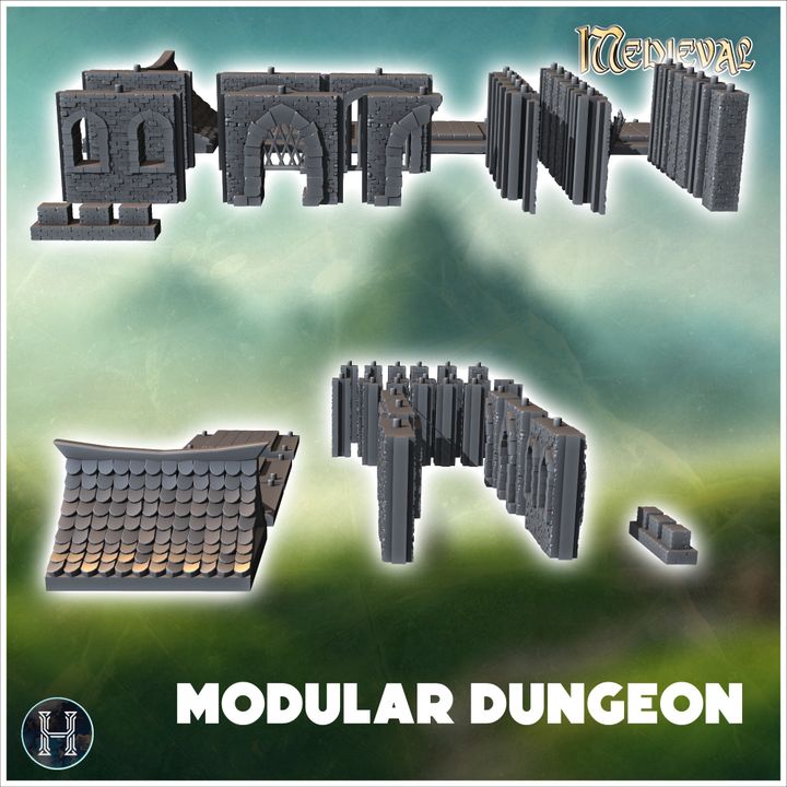 3D Printable Modular dungeon set with stone walls, archways, floors ...