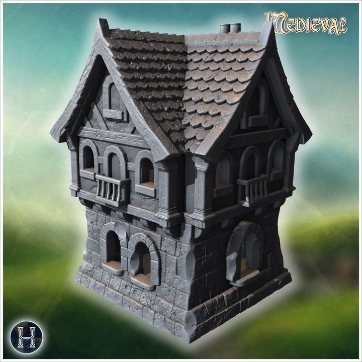 3D Printable Multi-story medieval house with balconies, arched windows ...