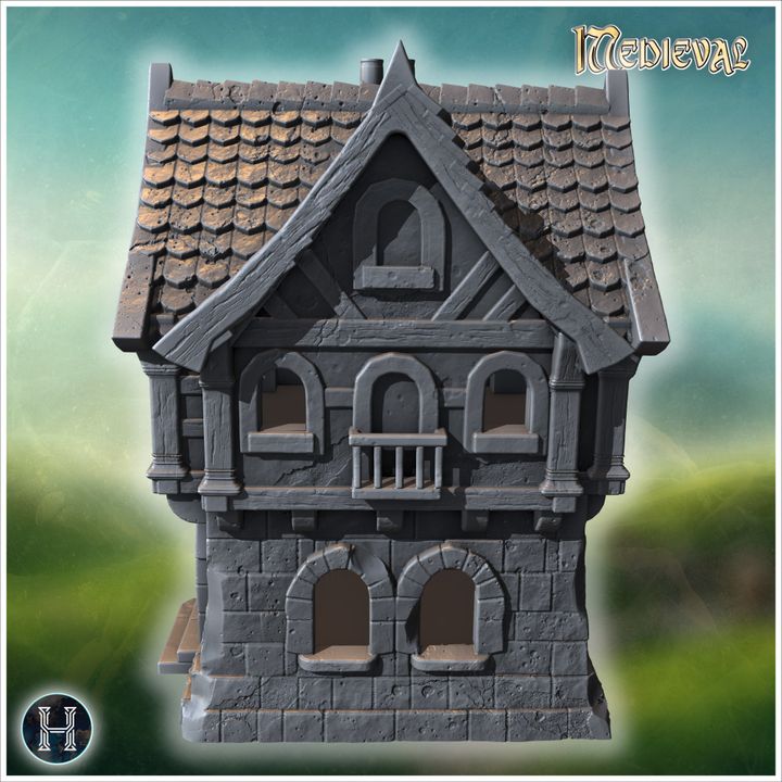 3D Printable Multi-story medieval house with balconies, arched windows ...