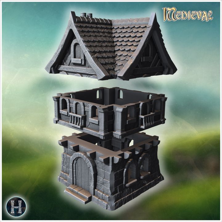 3D Printable Multi-story medieval house with balconies, arched windows ...