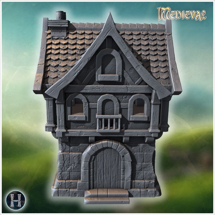 3D Printable Multi-story medieval house with balconies, arched windows ...