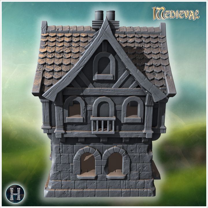 3D Printable Multi-story medieval house with balconies, arched windows ...