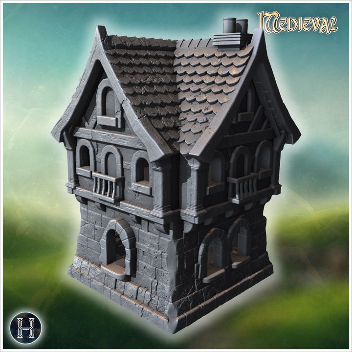 3D Printable Multi-story medieval house with balconies, arched windows ...