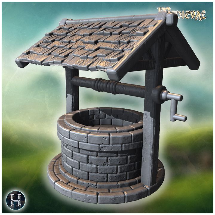 3D Printable Round stone well with wooden roof, hand crank, and visible ...