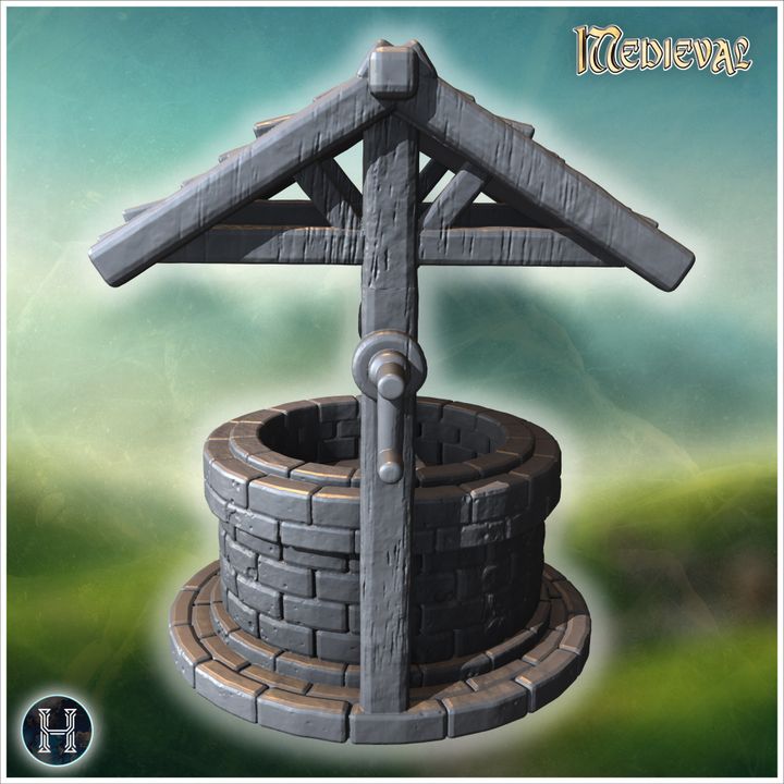 3D Printable Round stone well with wooden roof, hand crank, and visible ...
