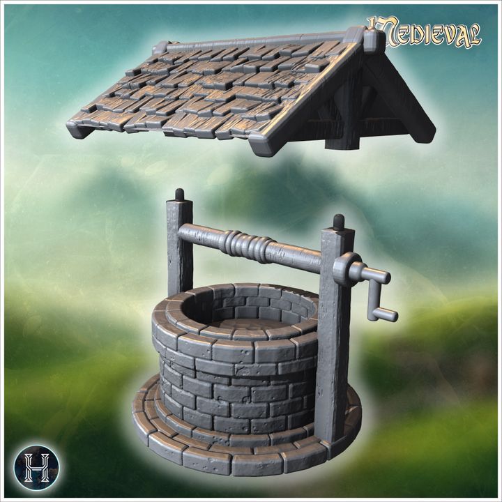 3D Printable Round stone well with wooden roof, hand crank, and visible ...
