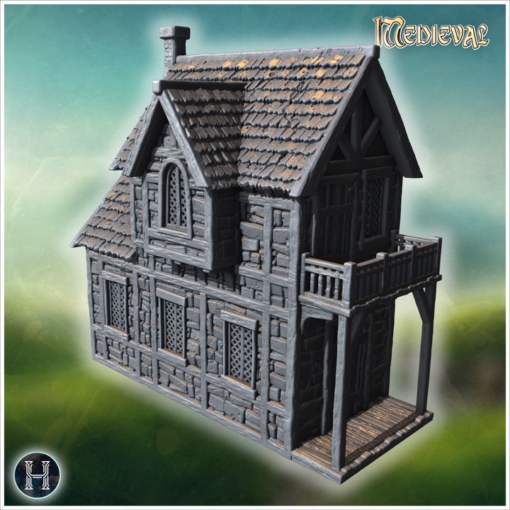 3D Printable Half-timbered medieval house with chimney, arched windows ...