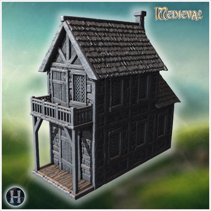 3D Printable Half-timbered medieval house with chimney, arched windows ...
