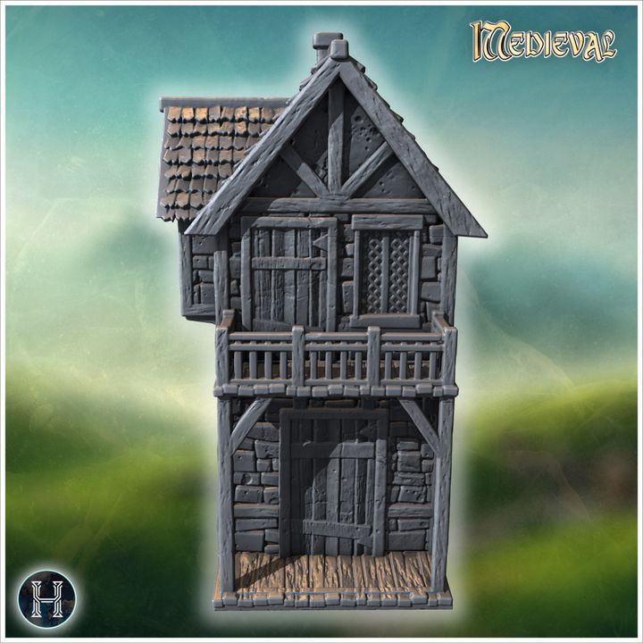3D Printable Half-timbered medieval house with chimney, arched windows ...