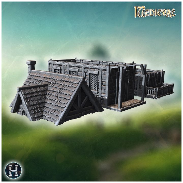 3D Printable Half-timbered medieval house with chimney, arched windows ...
