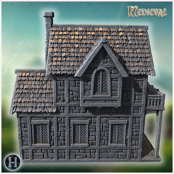 3D Printable Half-timbered medieval house with chimney, arched windows ...