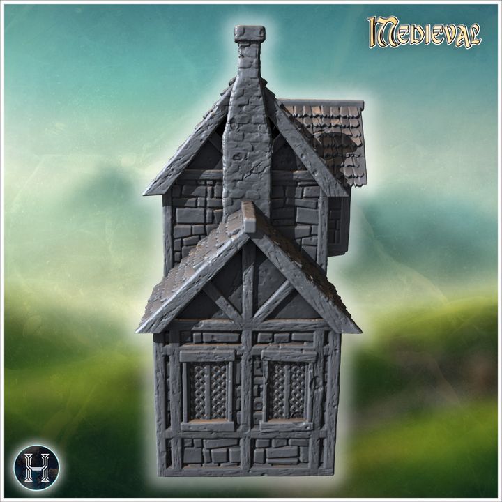 3D Printable Half-timbered medieval house with chimney, arched windows ...