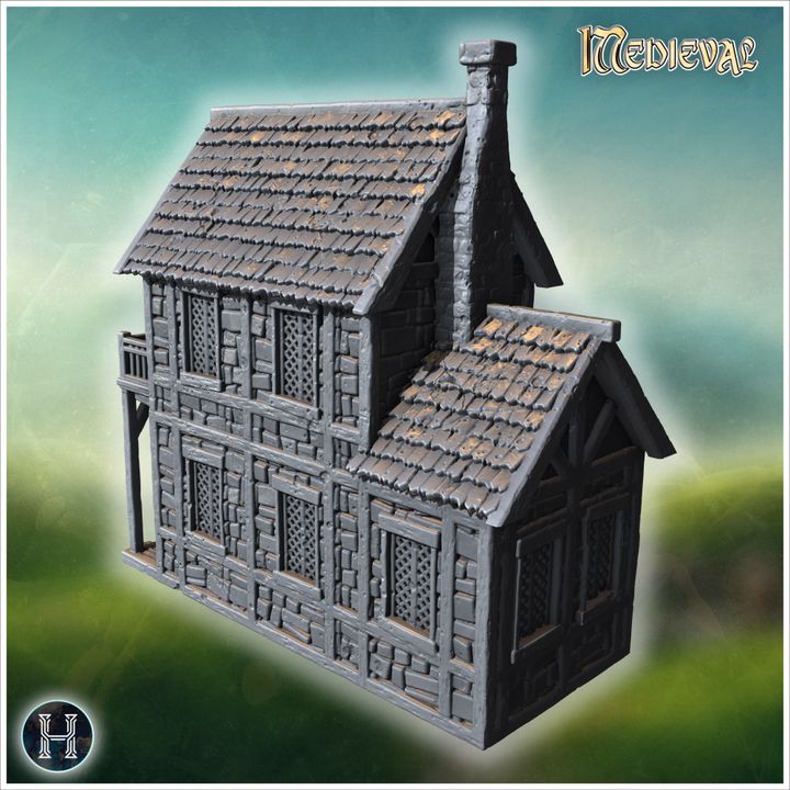 3D Printable Half-timbered medieval house with chimney, arched windows ...