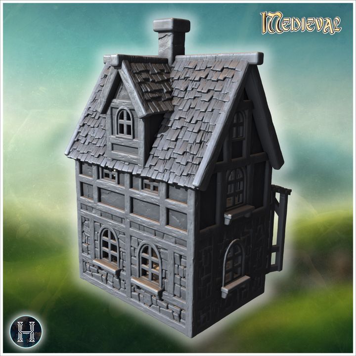 3D Printable Narrow three-story medieval house with steep roof, timber ...