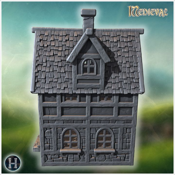 3D Printable Narrow three-story medieval house with steep roof, timber ...