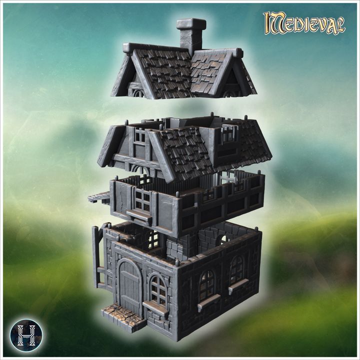 3D Printable Narrow three-story medieval house with steep roof, timber ...