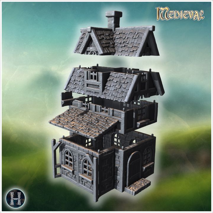 3D Printable Narrow three-story medieval house with steep roof, timber ...