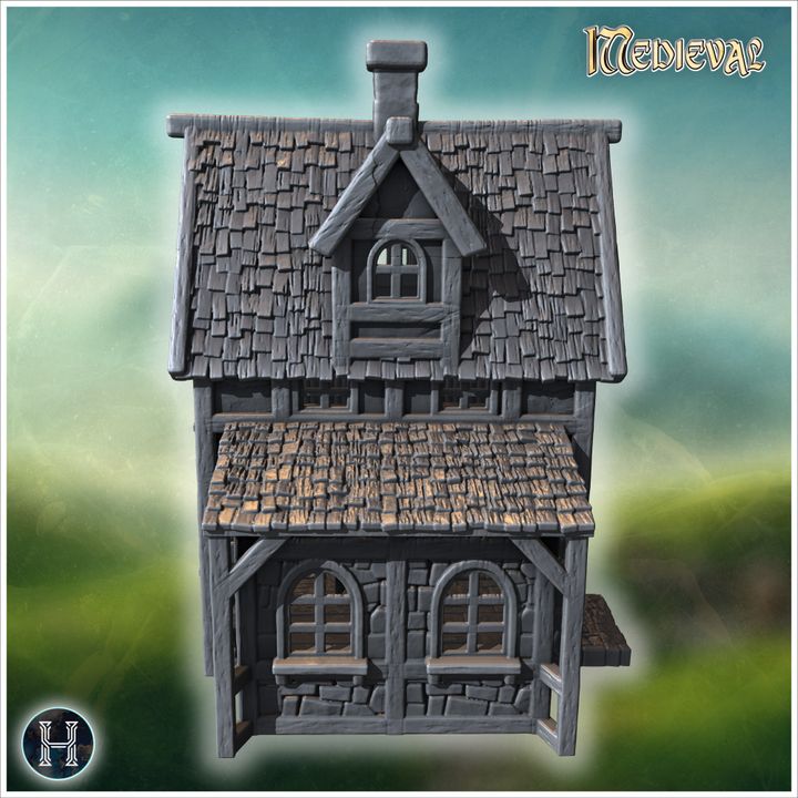 3D Printable Narrow three-story medieval house with steep roof, timber ...