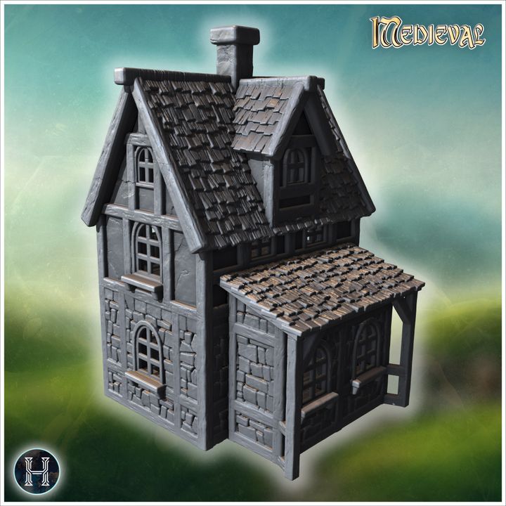 3D Printable Narrow three-story medieval house with steep roof, timber ...