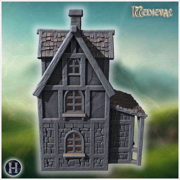3D Printable Narrow three-story medieval house with steep roof, timber ...