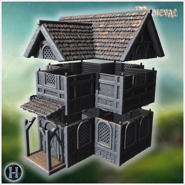 3D Printable L-shaped medieval building with timber-framed walls ...