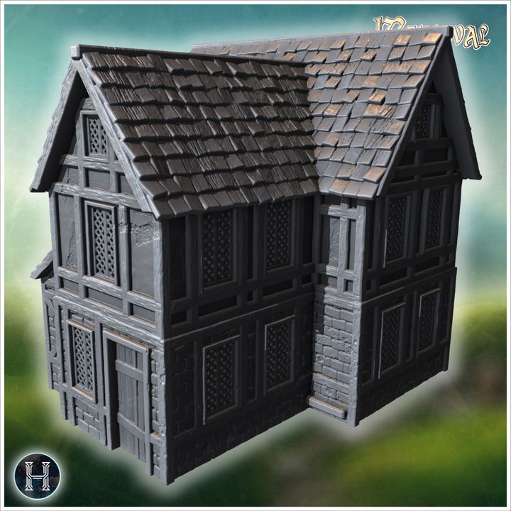3D Printable Medieval building with large double-pitched roof, timber ...