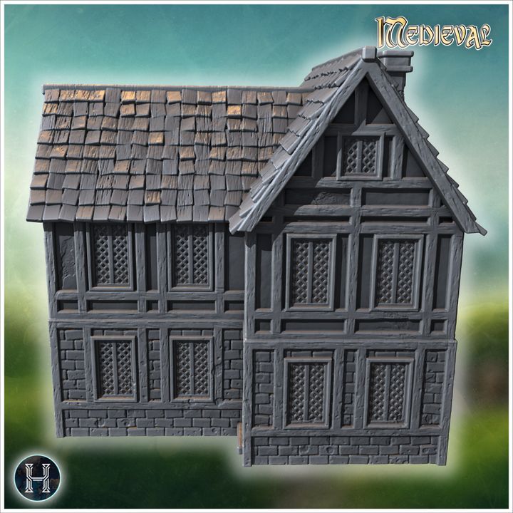 3D Printable Medieval building with large double-pitched roof, timber ...