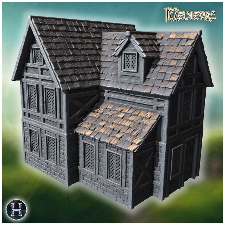 3D Printable Medieval building with large double-pitched roof, timber ...