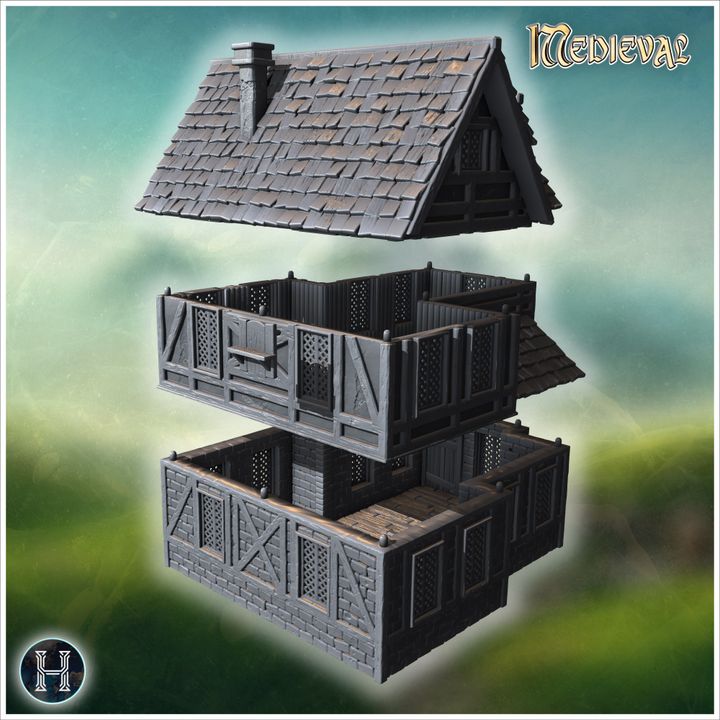 3D Printable Medieval building with large double-pitched roof, timber ...