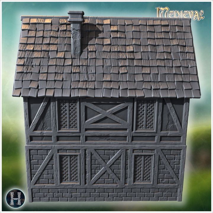 3D Printable Medieval building with large double-pitched roof, timber ...