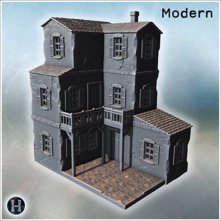 3D Printable Compact townhouse with corner balcony, tiled roof sections ...