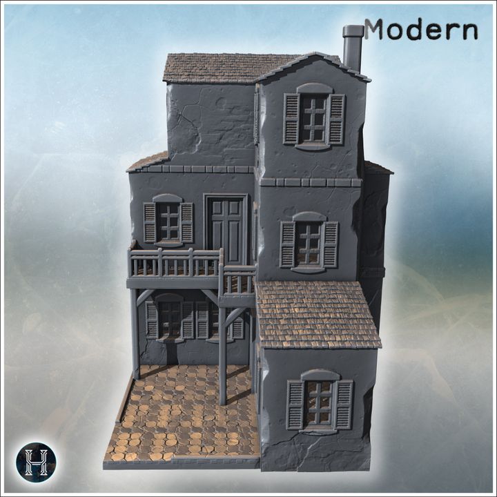 3D Printable Compact townhouse with corner balcony, tiled roof sections ...