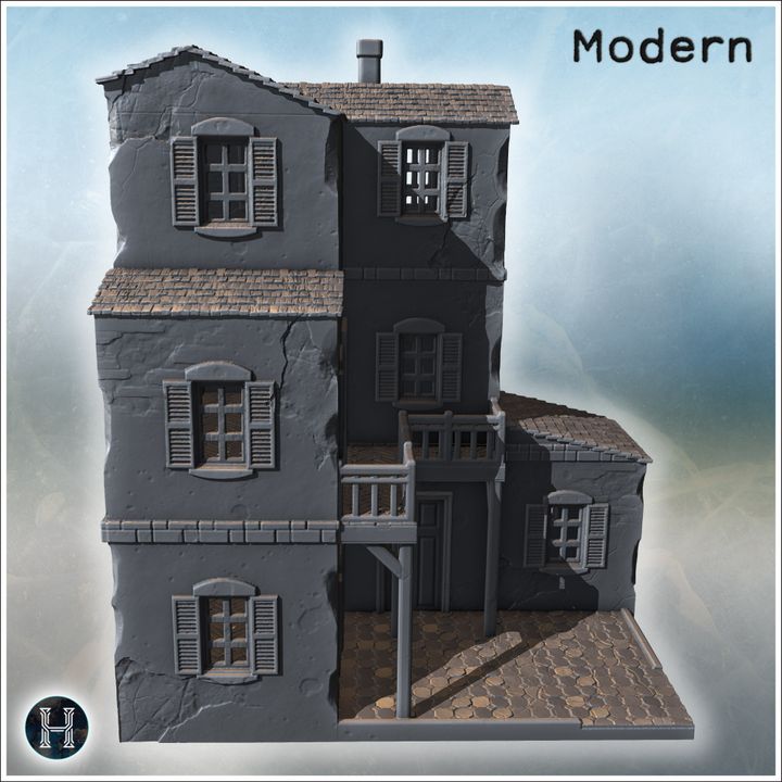 3D Printable Compact townhouse with corner balcony, tiled roof sections ...