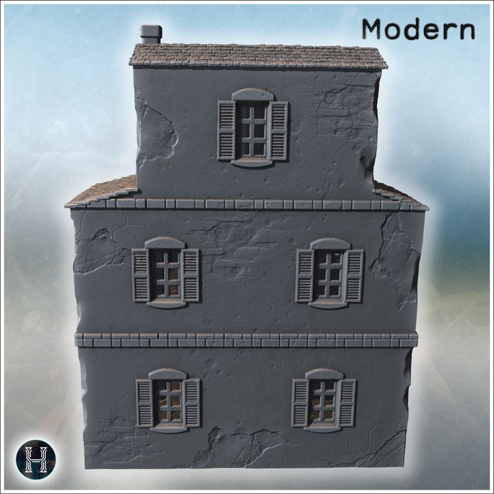3D Printable Compact townhouse with corner balcony, tiled roof sections ...
