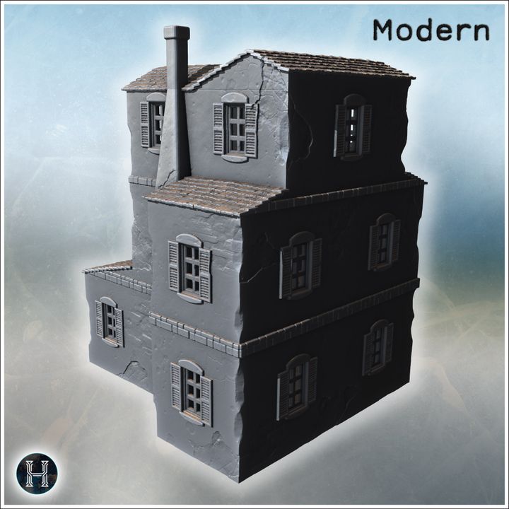 3D Printable Compact townhouse with corner balcony, tiled roof sections ...