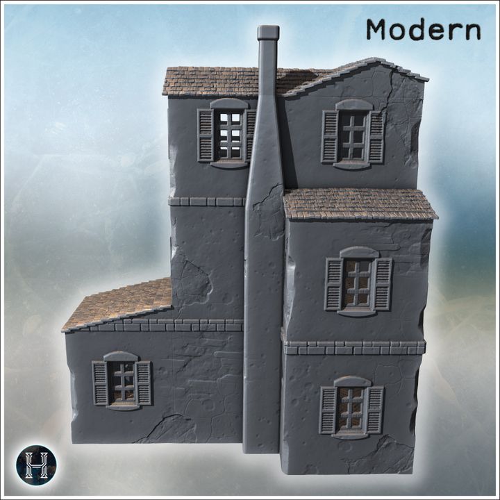 3D Printable Compact townhouse with corner balcony, tiled roof sections ...